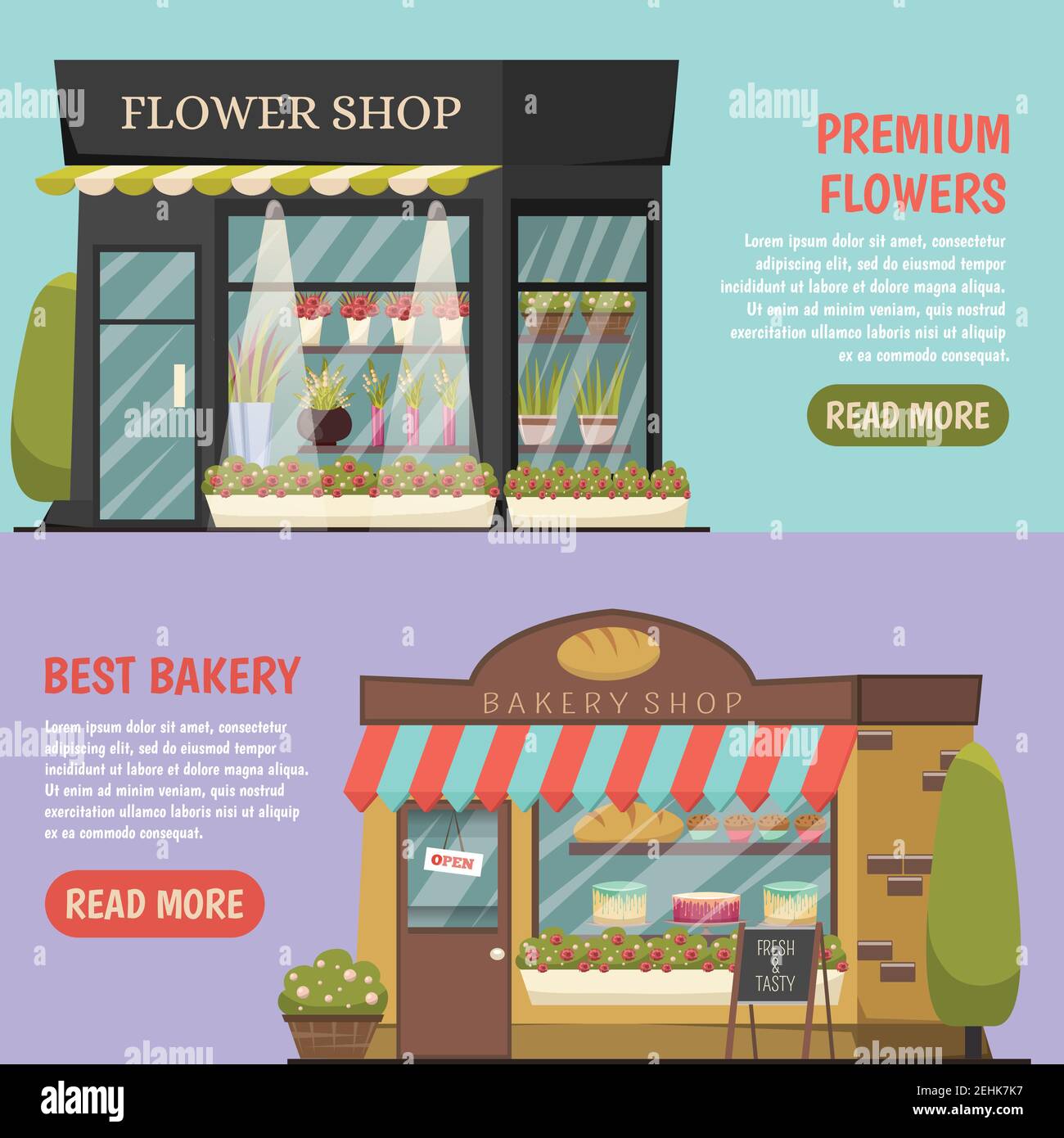 Shops horizontal banners set with flower shop symbols orthogonal ...