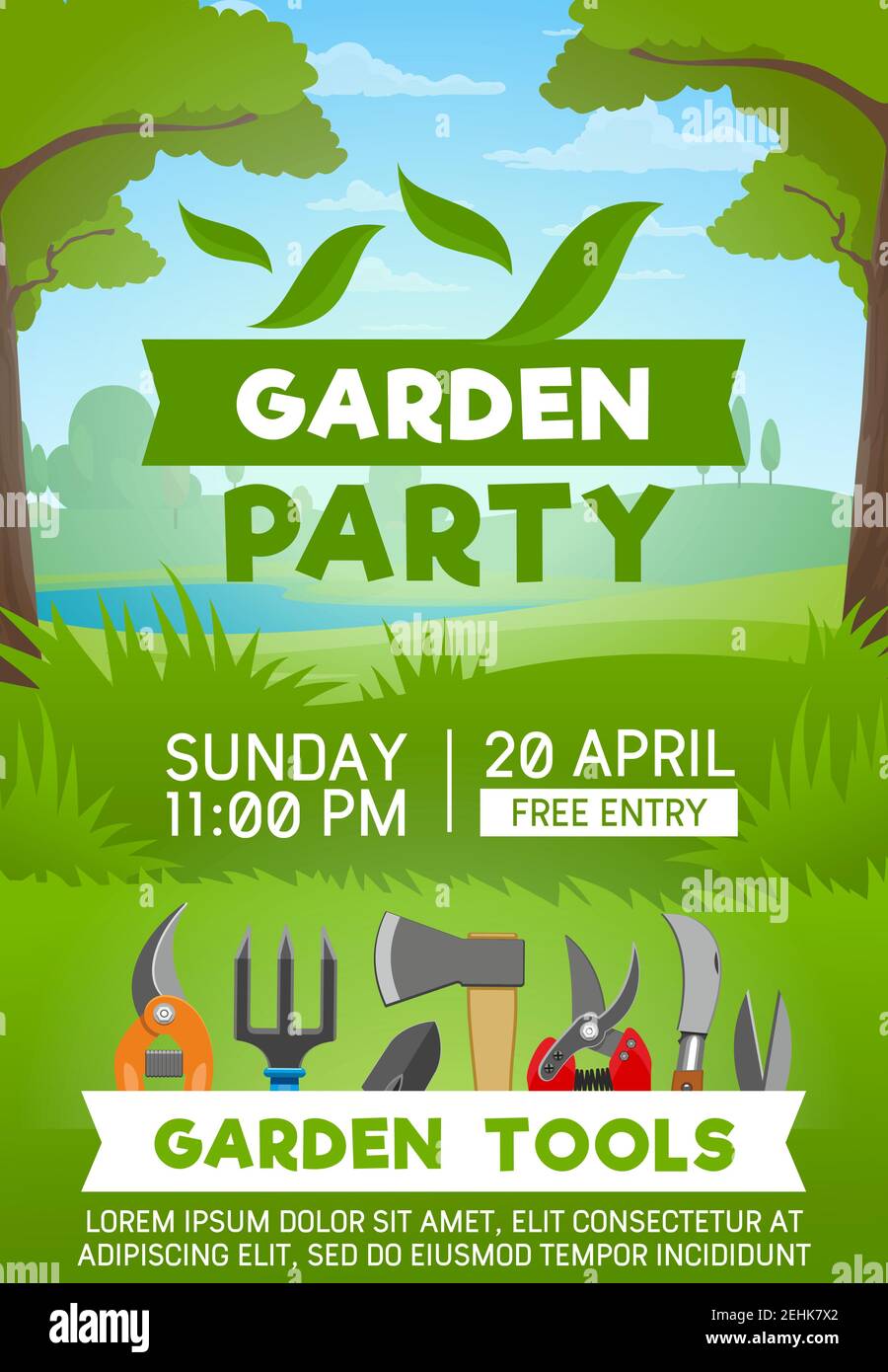 Vector gardening tool and equipment, green tree and grass. Shovel, fork ...