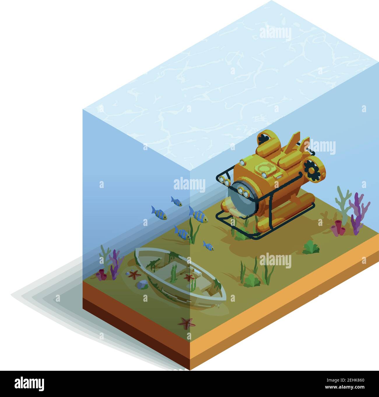 Scuba diving snorkelling isometric composition with bathyscaph and sea bottom with fishes and ...