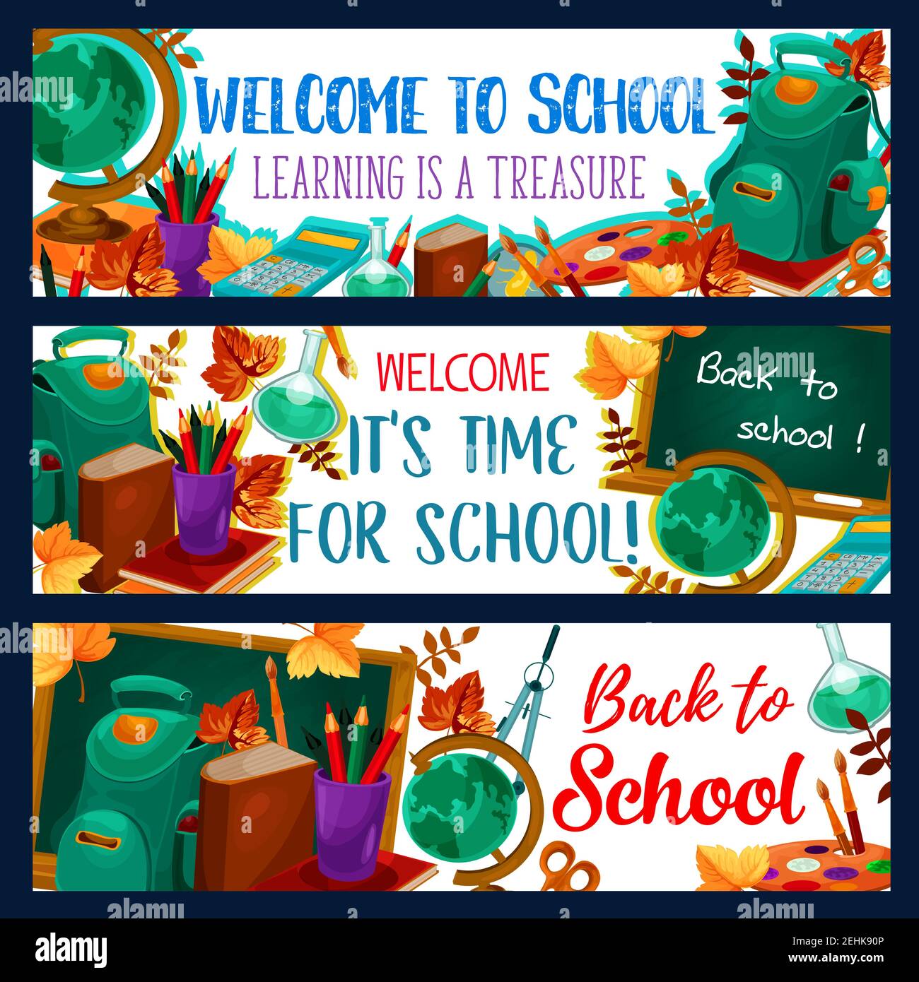 Welcome to School banners of school bag and lesson stationery. Vector ...