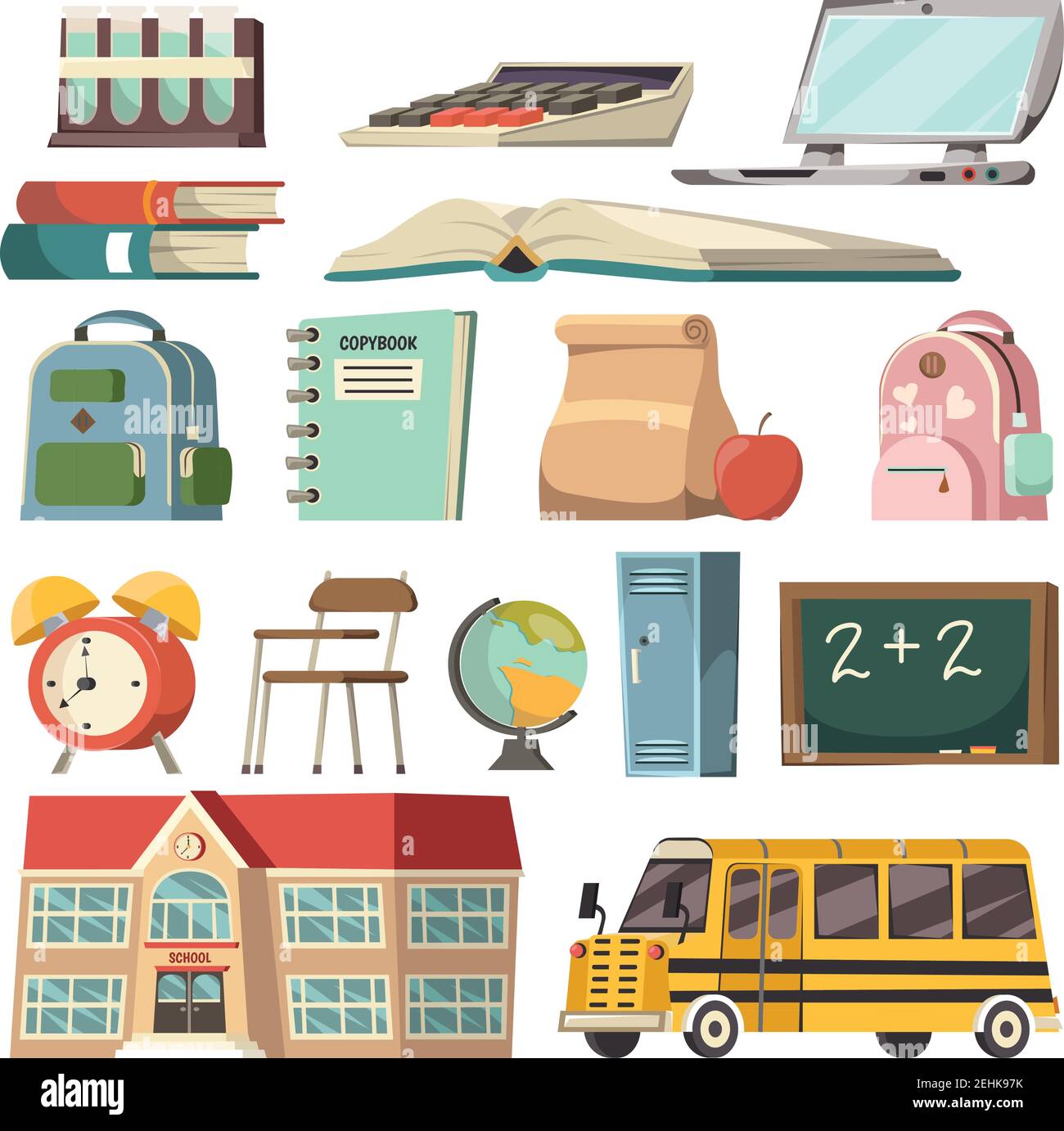 School isolated orthogonal icon set with needed attributes and tools ...