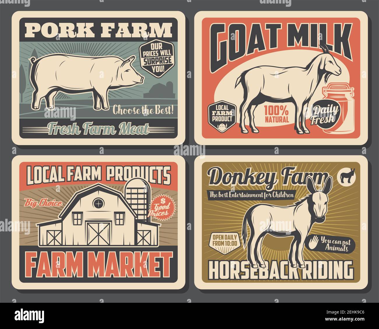 Farm market retro posters of farmer cattle meat and farming products ...