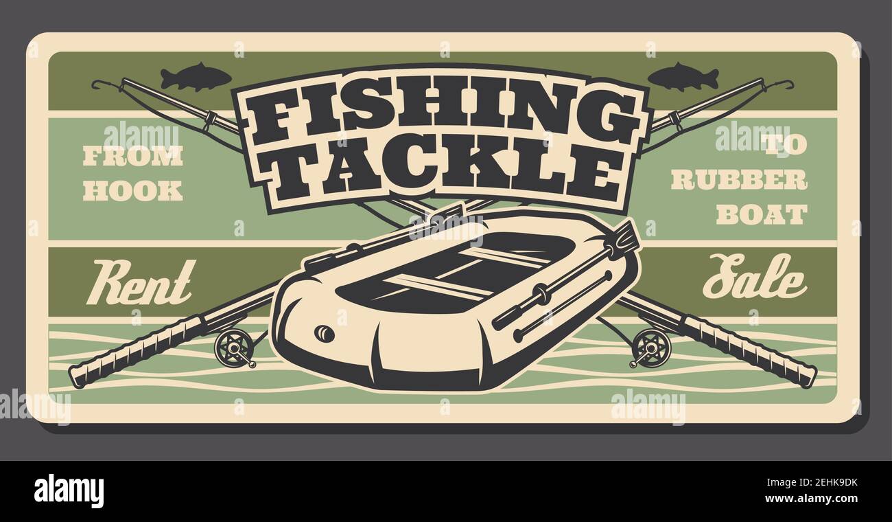 Fishing tackle or gear and fisherman equipment retro poster, sport shop ...