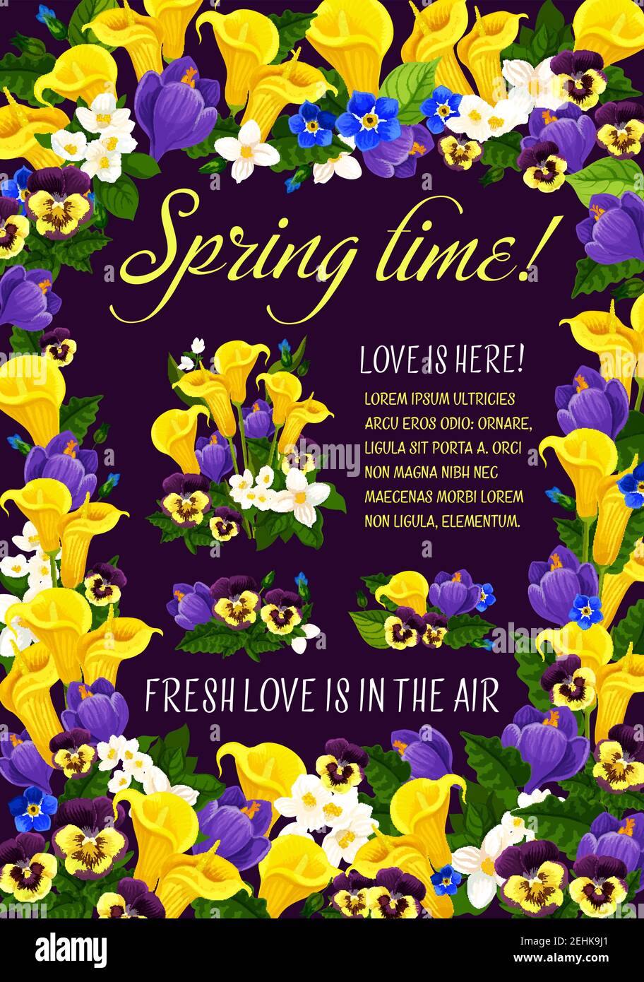 Spring time season greeting poster in floral frame. Blooming flower ...