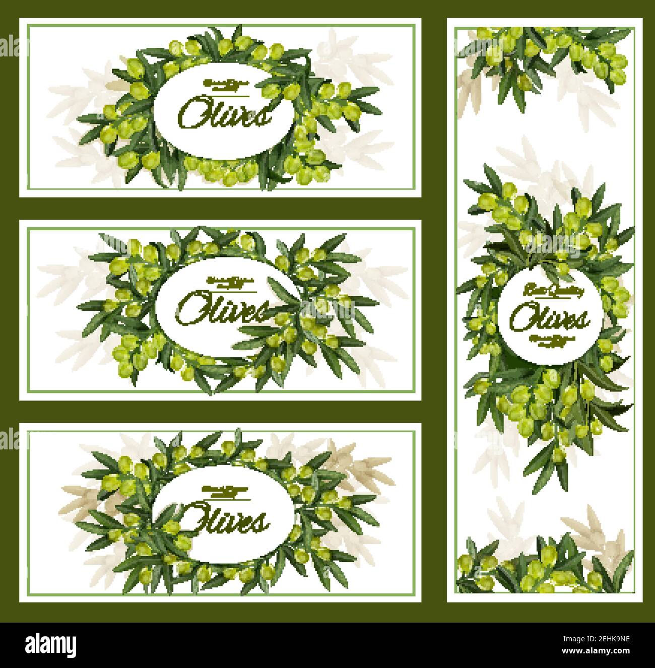 Green olives posters and banners for olive oil product package. Vector ...