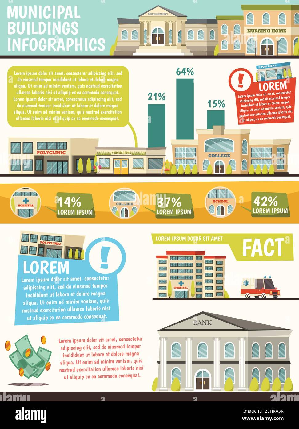 Orthogonal municipal buildings infographics with facts of buildings and ...