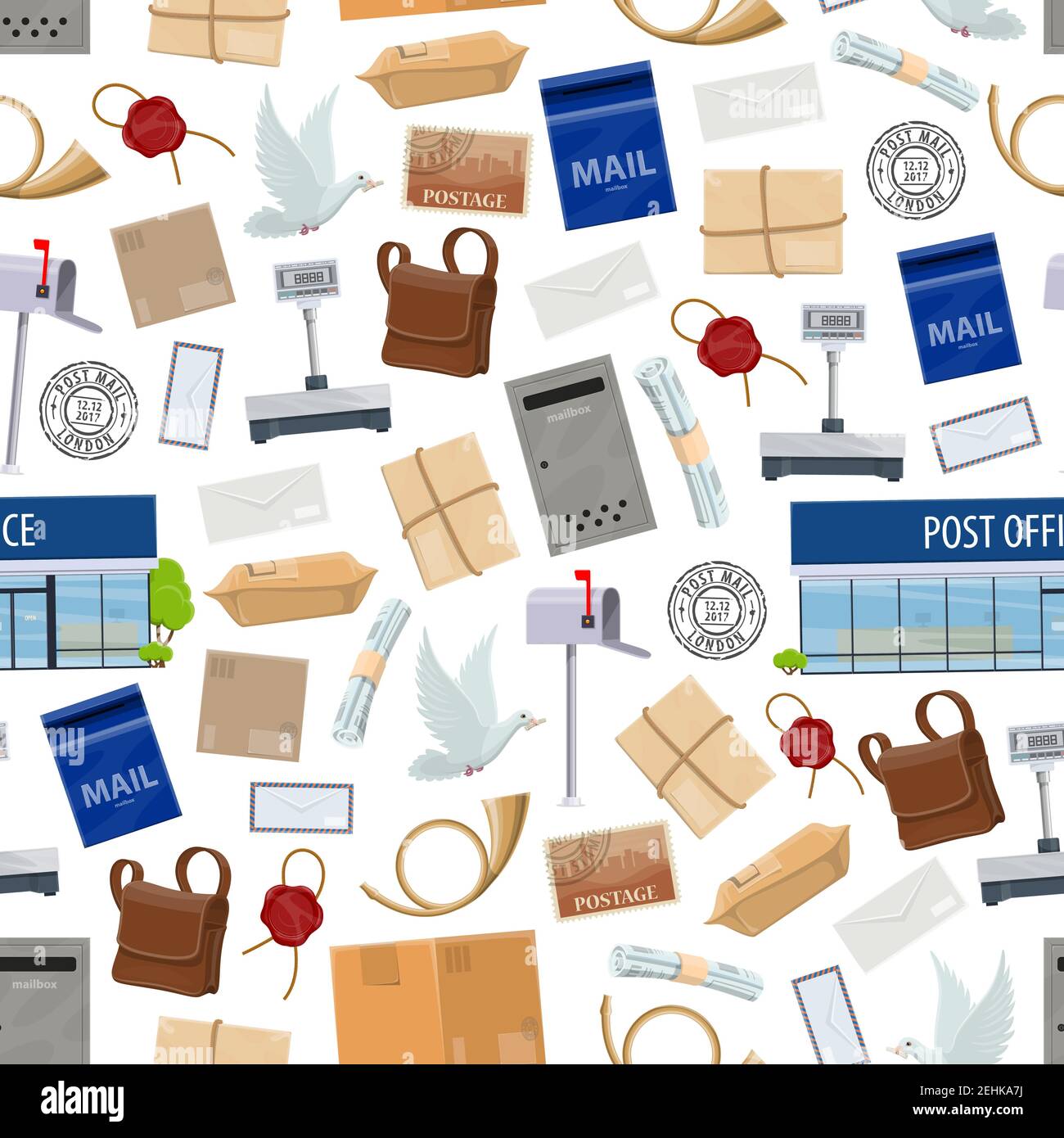 Post office building, equipment and heavy parcels in seamless pattern ...