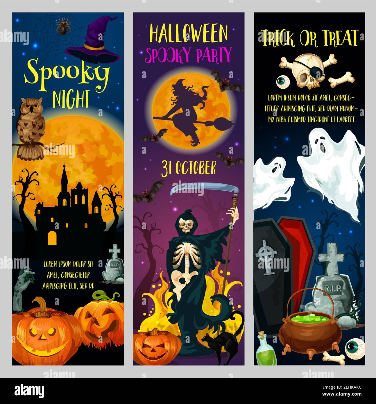 Horror night scary ghost, pumpkin and witch, haunted house, skeleton ...