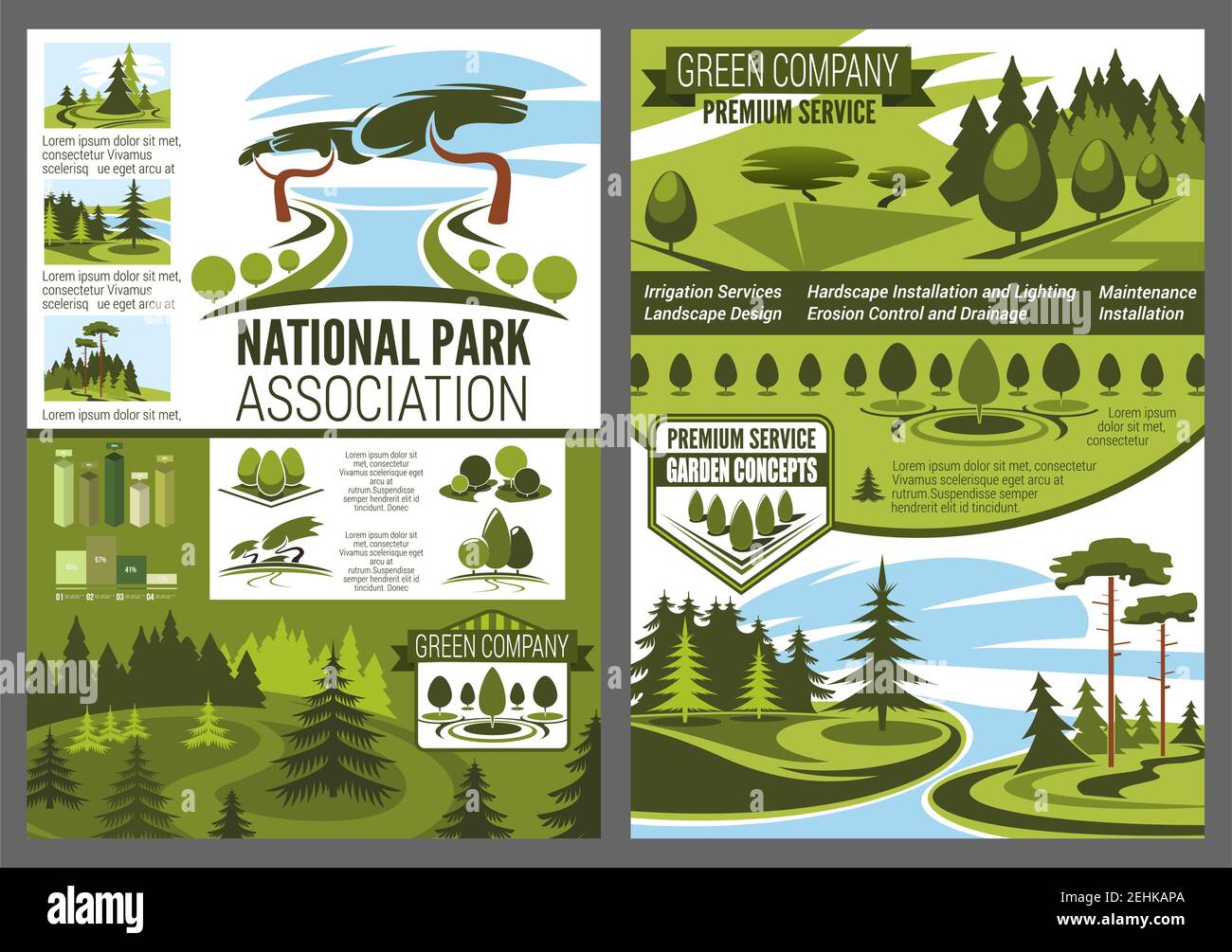 Landscape design, parks and forest construction green company posters ...