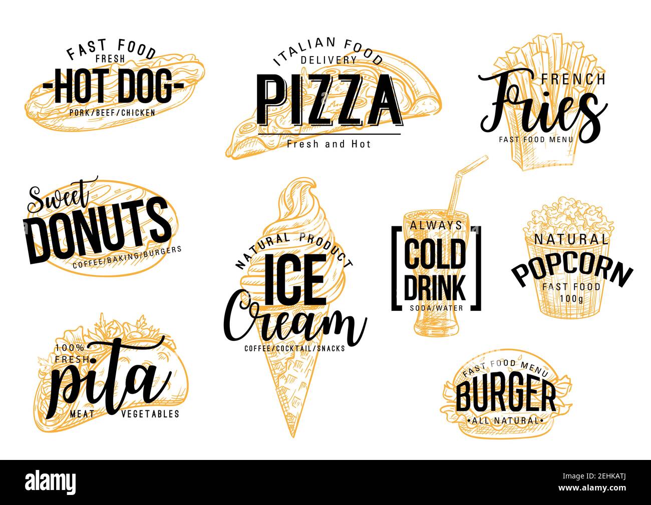 Fast food lettering of fastfood snacks. Cafe, restaurant or bistro menu ...