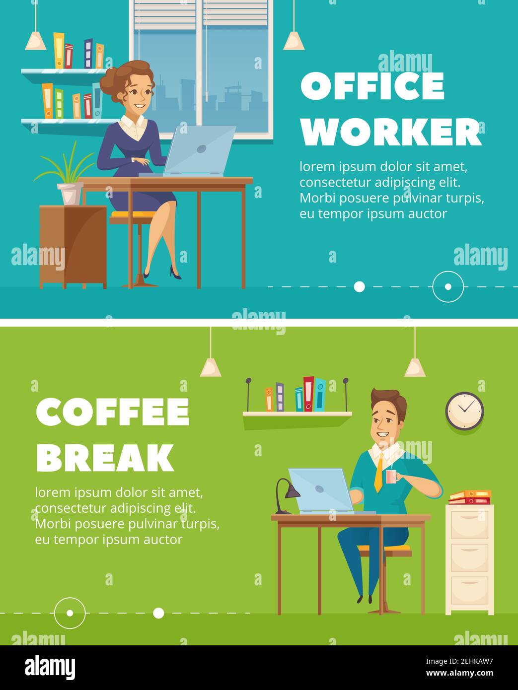 Office staff worker coffee break 2 horizontal retro banners set with ...