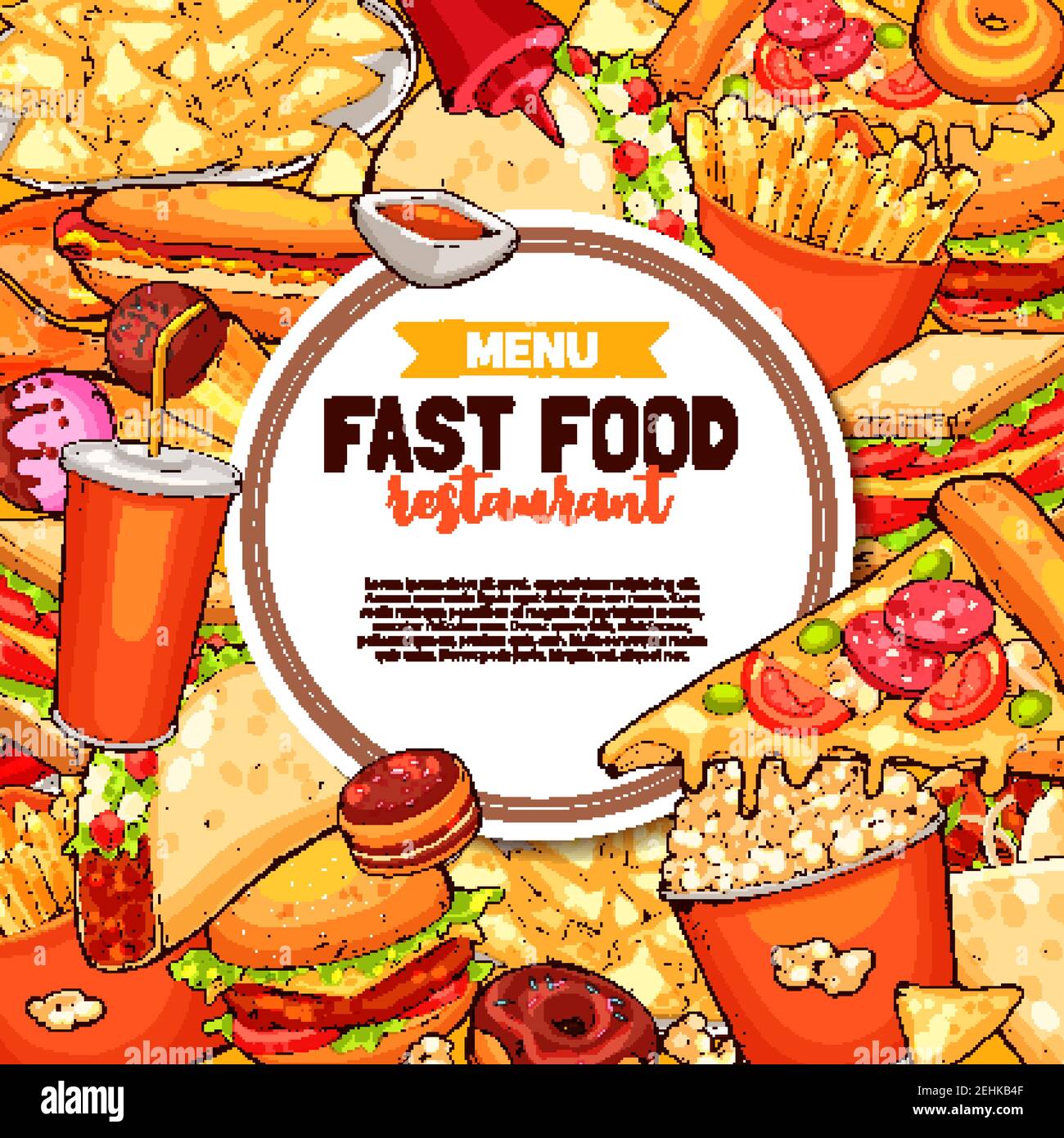 Fast food menu poster in sketch style. Street food sweet soda and hot ...