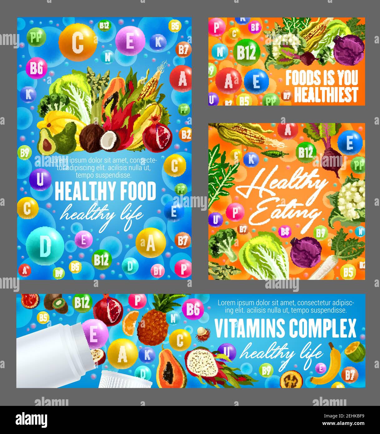 Vitamins and minerals pills for healthy food nutrition. Vector posters ...