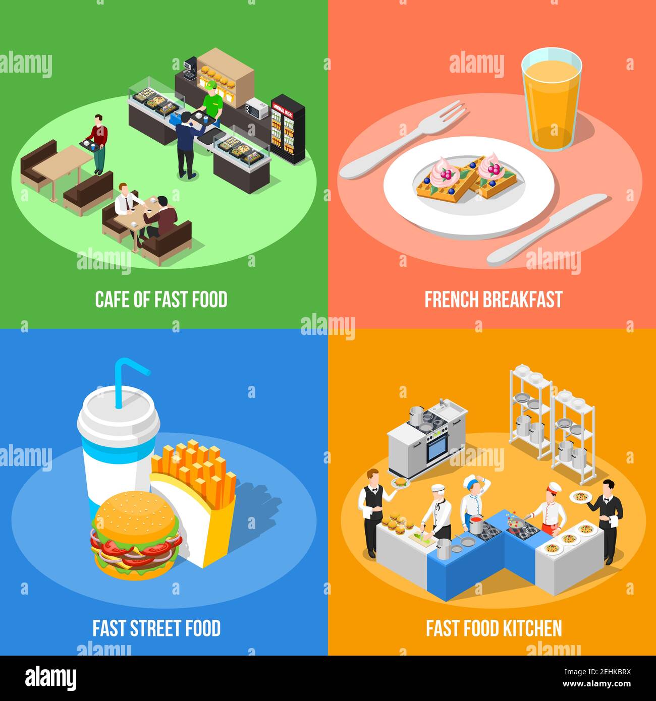 Fast food 2x2 design concept with cafe interior french breakfast street ...