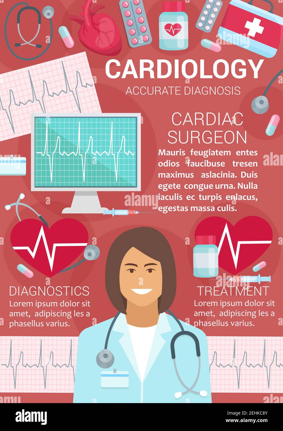 Cardiology medical center with accurate diagnosis poster. Cardiac ...
