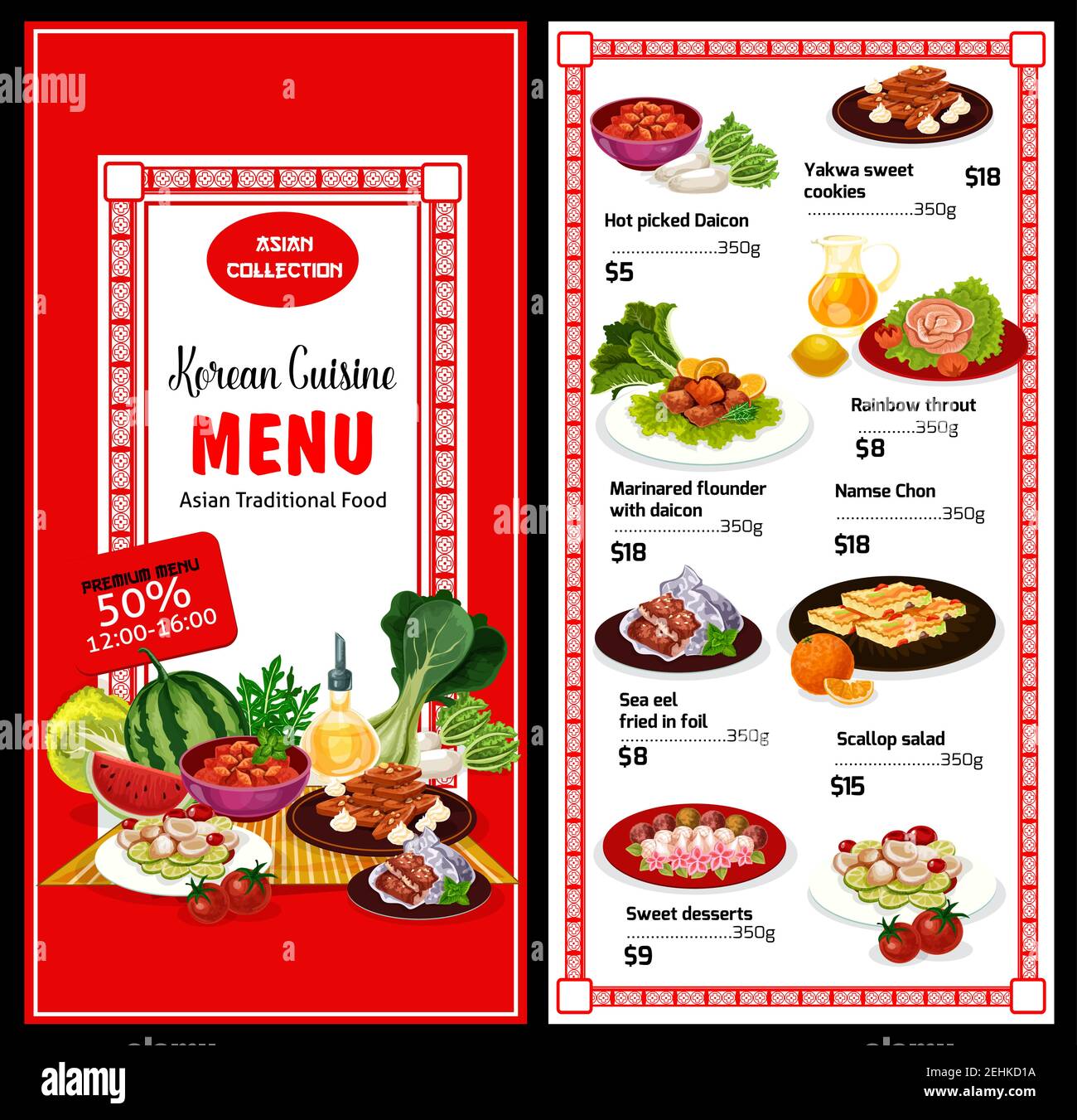 Korean cuisine menu and prices. Hot pickled Daikon, Yakwa cookies ...