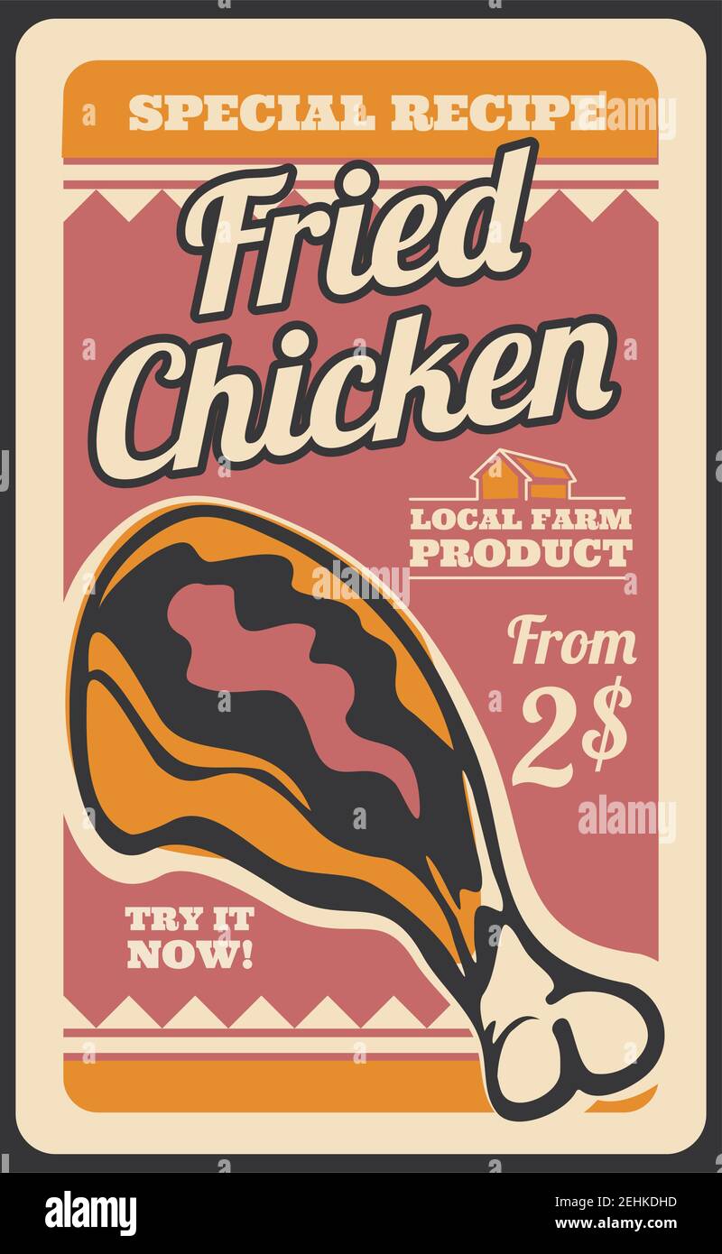 Fried chicken fast food retro signboard, restaurant or cinema bistro ...