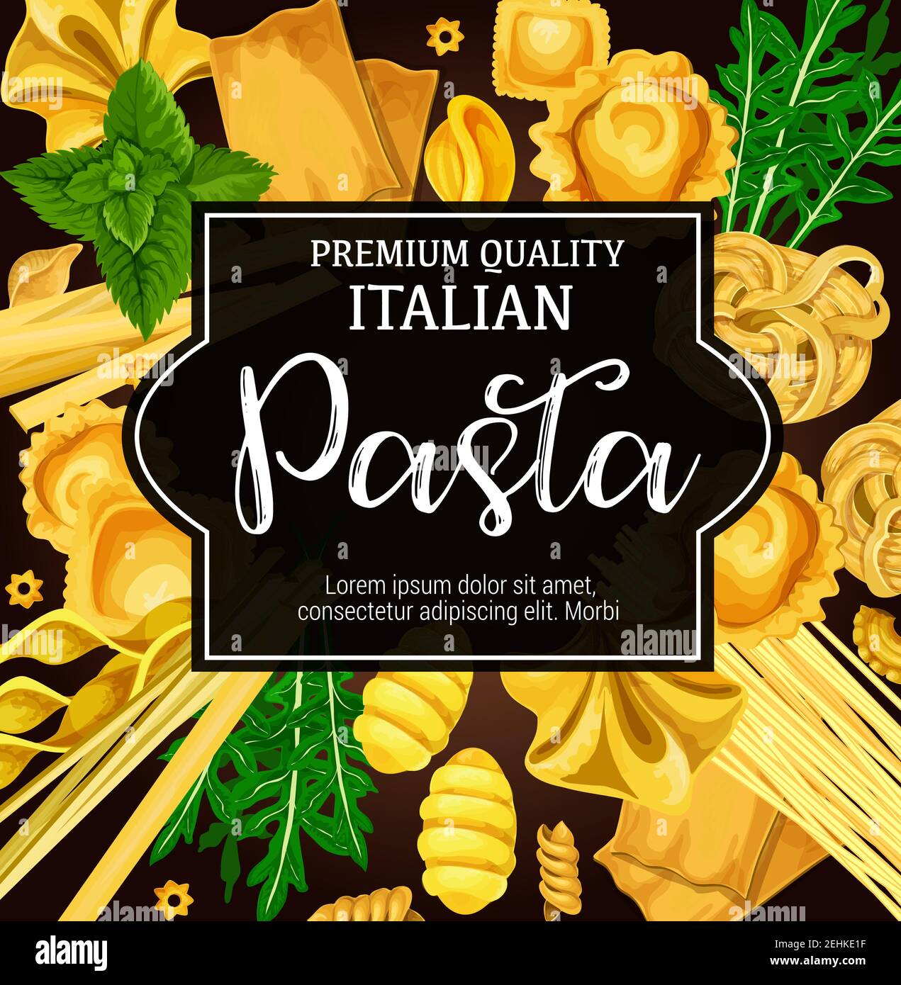 Italian pasta, herbs and macaroni, food. Spaghetti, fusilli and ...