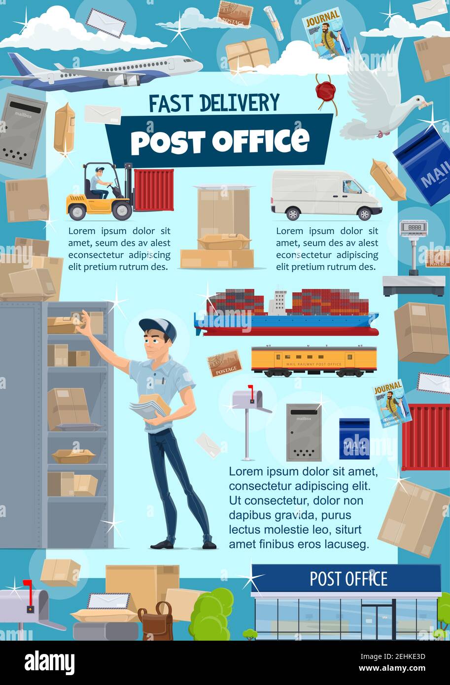 Post office banner of mail delivery. Postal service poster with postman, letter envelope, parcel ...
