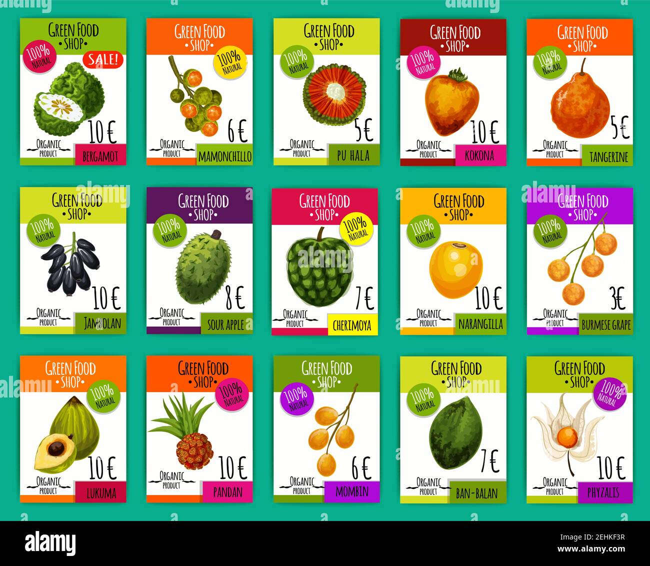 Exotic fruits price cards, farm market. Vector bergamot, mamonchillo ...