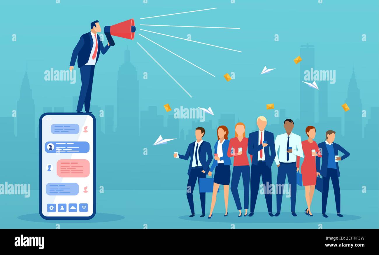 Vector of a businessman making an announcement to his employees on a ...