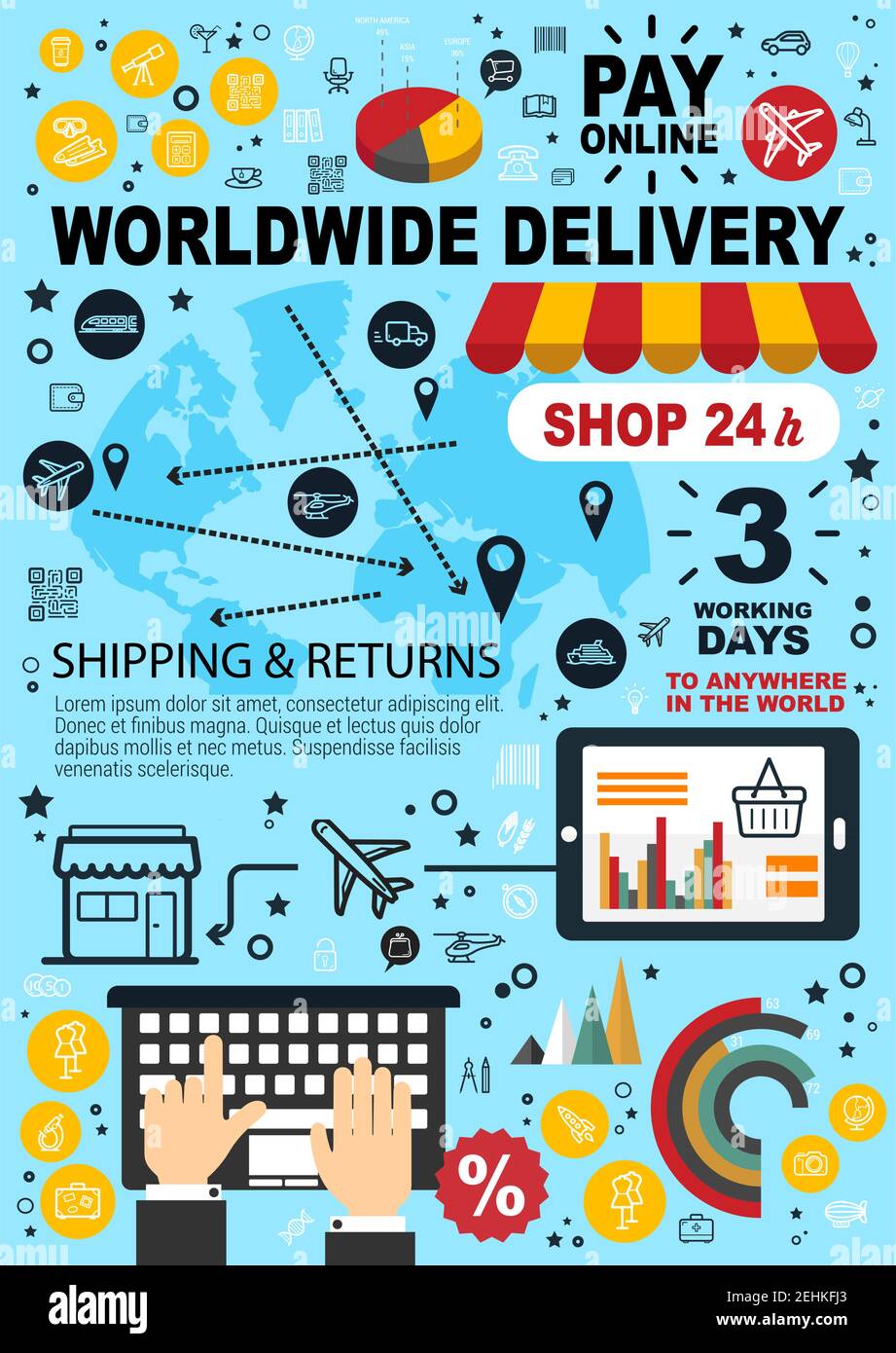 Online internet store shopping, payment and delivery infographics ...