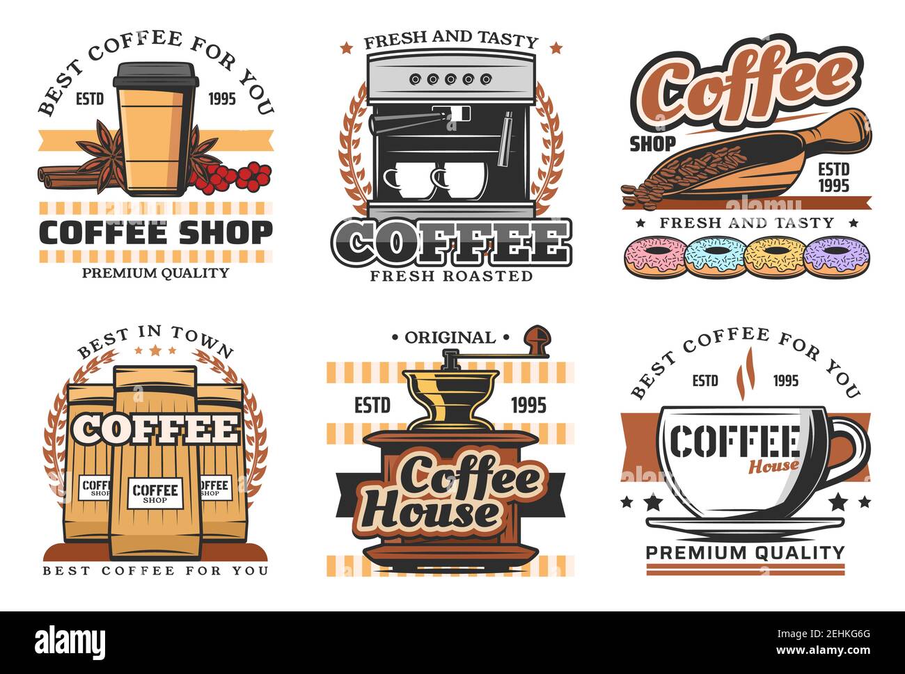 Coffee shop retro icons with hot drink and beverage. Cup of espresso ...