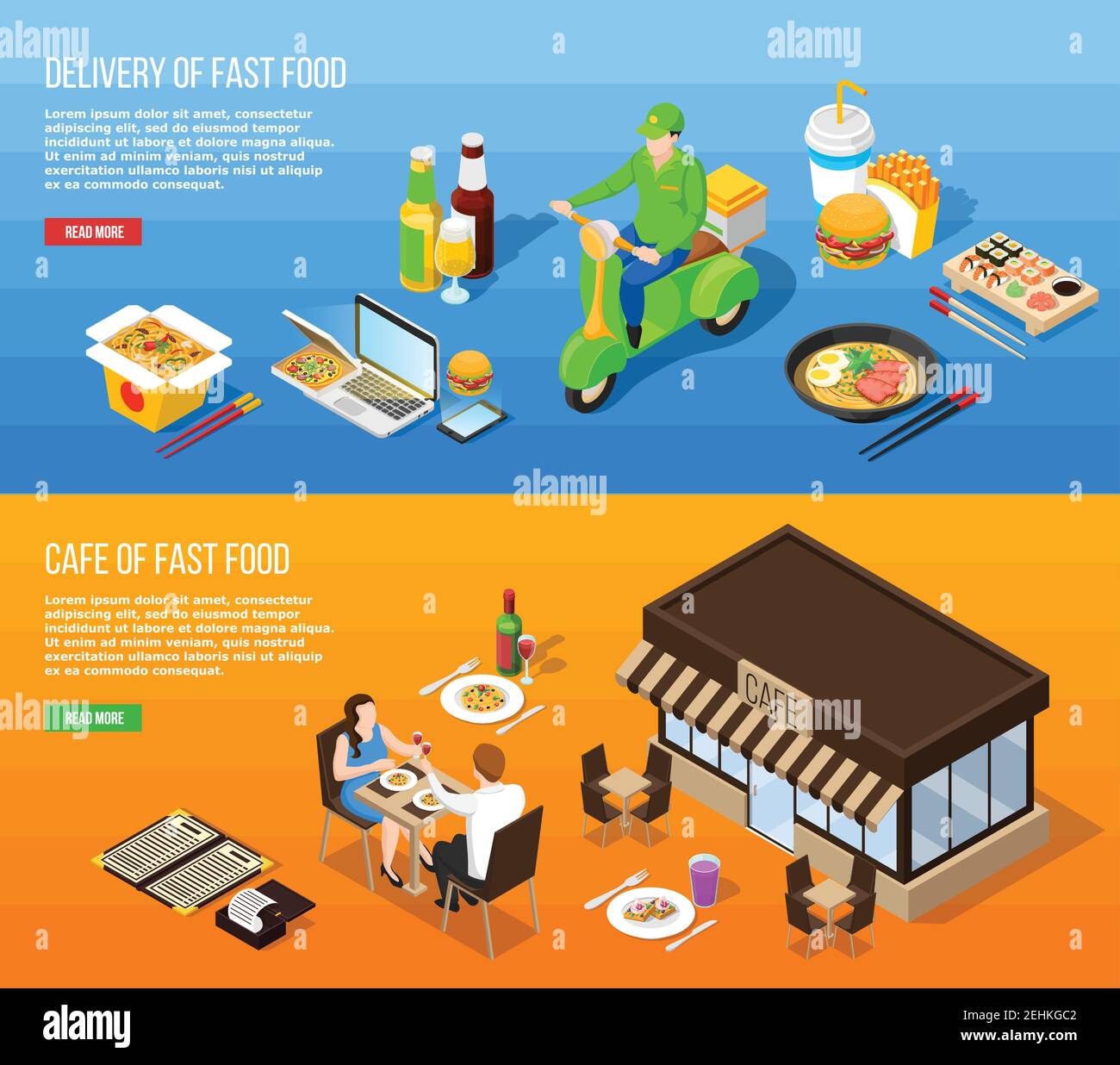 Fast food delivery and fast food cafe isometric horizontal banners with ...