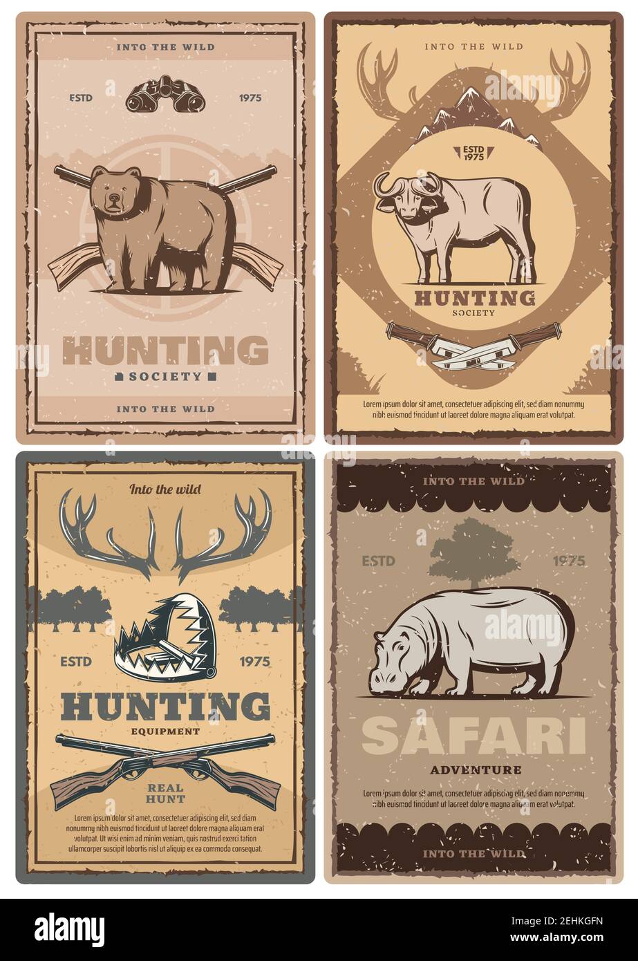 Hunting sport club and african safari tour vintage banner of wild ...