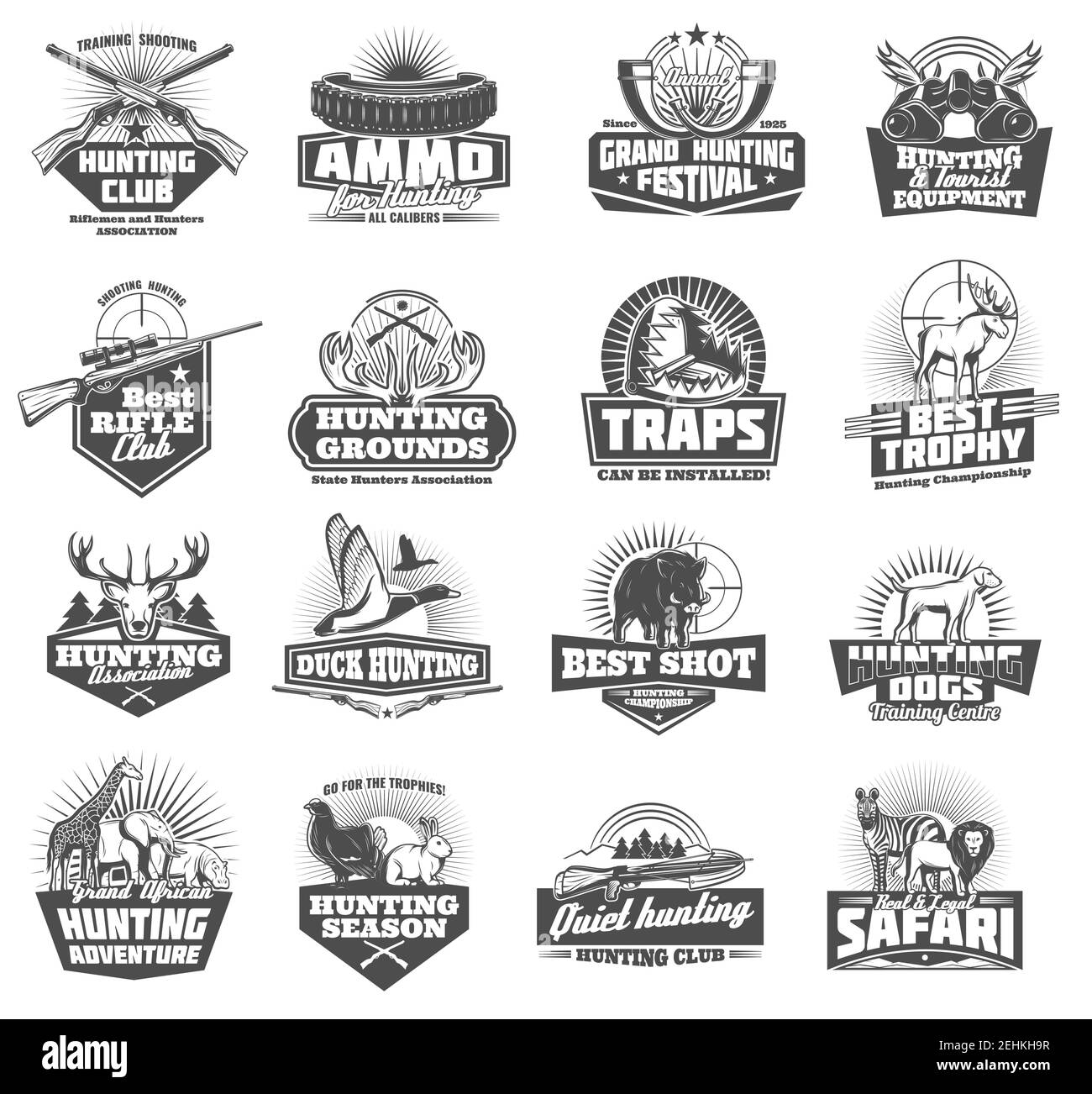 Hunting club symbols and wild animals icons, hunter open season ...