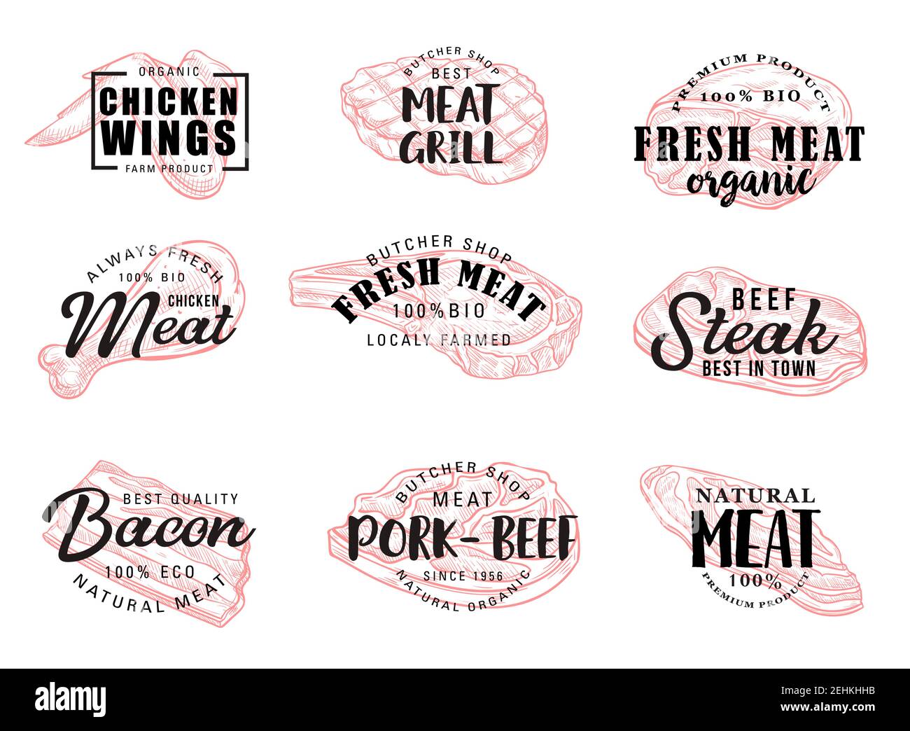 Meat food icons with hand drawn calligraphy lettering. Beef and pork ...
