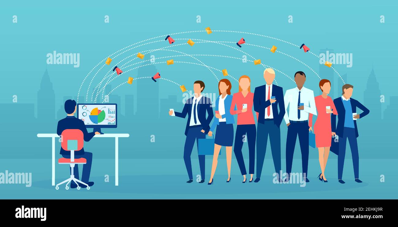 Vector of a businessman working on computer managing business team ...