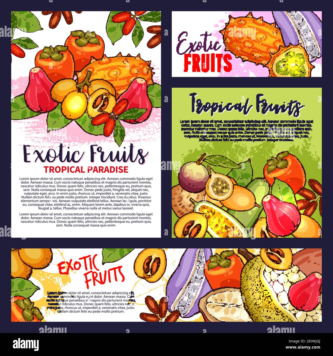 Exotic fruits poster tropical paradise sketches edible delicatessen ...
