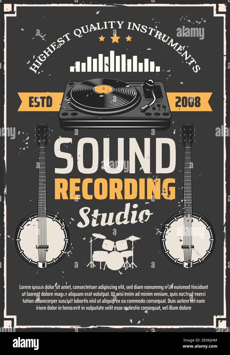 Music recording studio retro poster, musical instrument and equipment ...