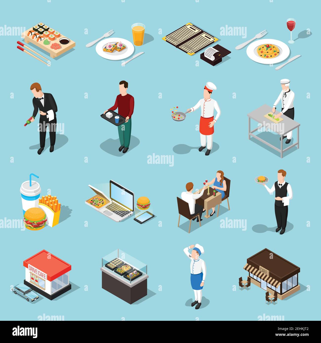 Fast food isolated icons set waiter cook guests and meals of quick ...
