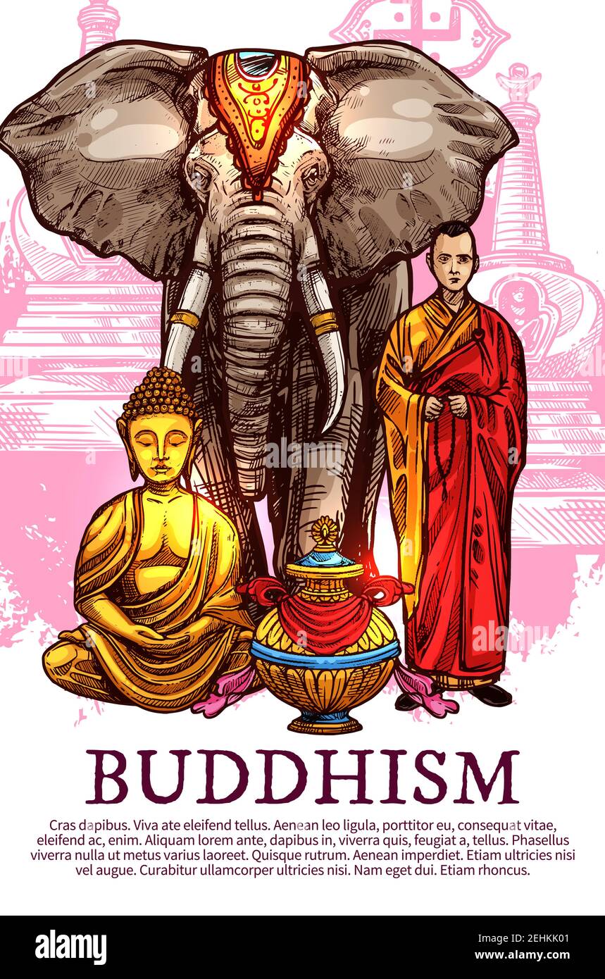 Buddhism religion sketch symbols. Vector golden Buddha statue in Zen ...