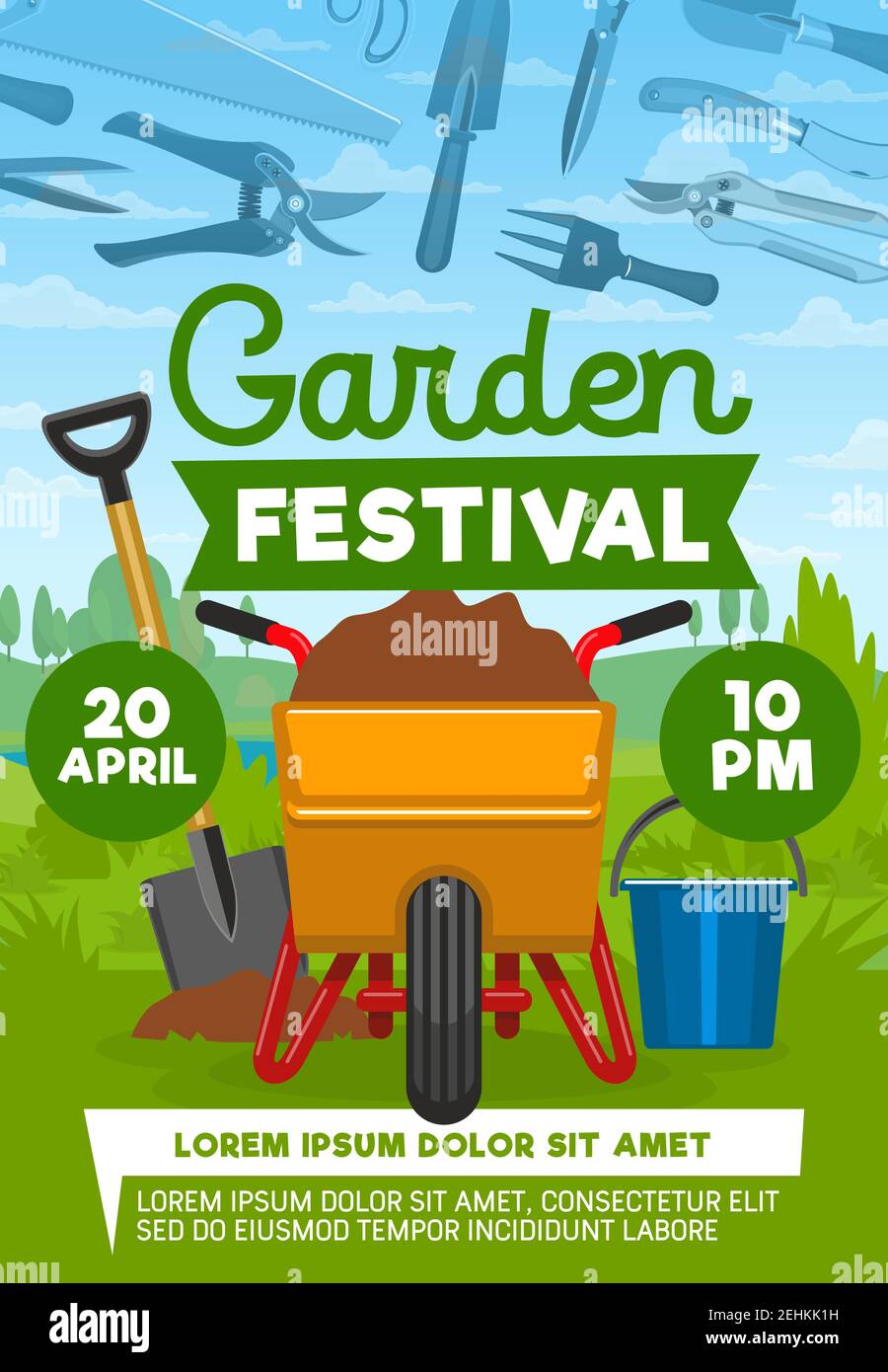 Garden festival poster with farming equipment. Working tools spade for ...