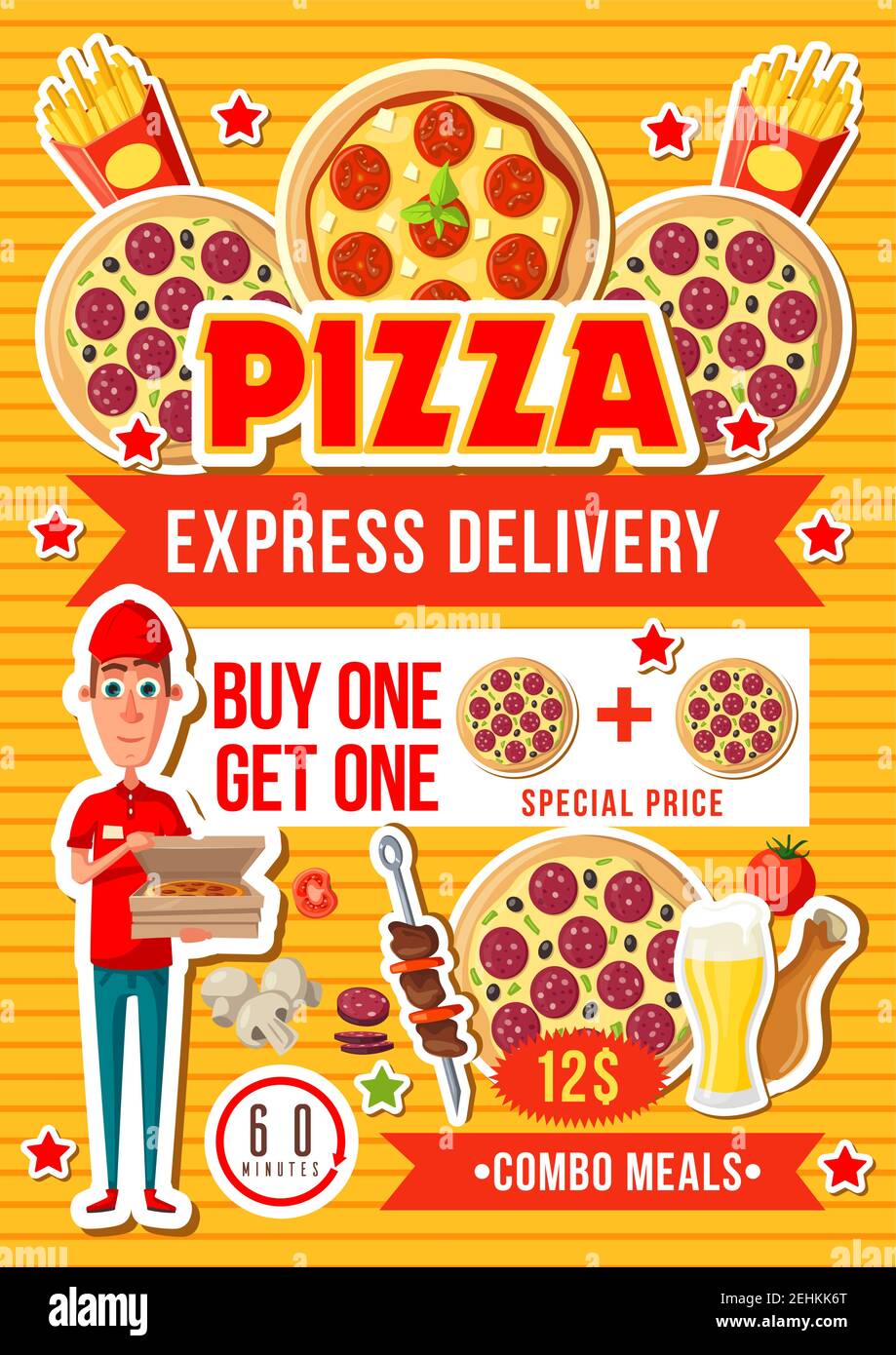Fast food pizza delivery, combo meals special offer. Vector salami ...