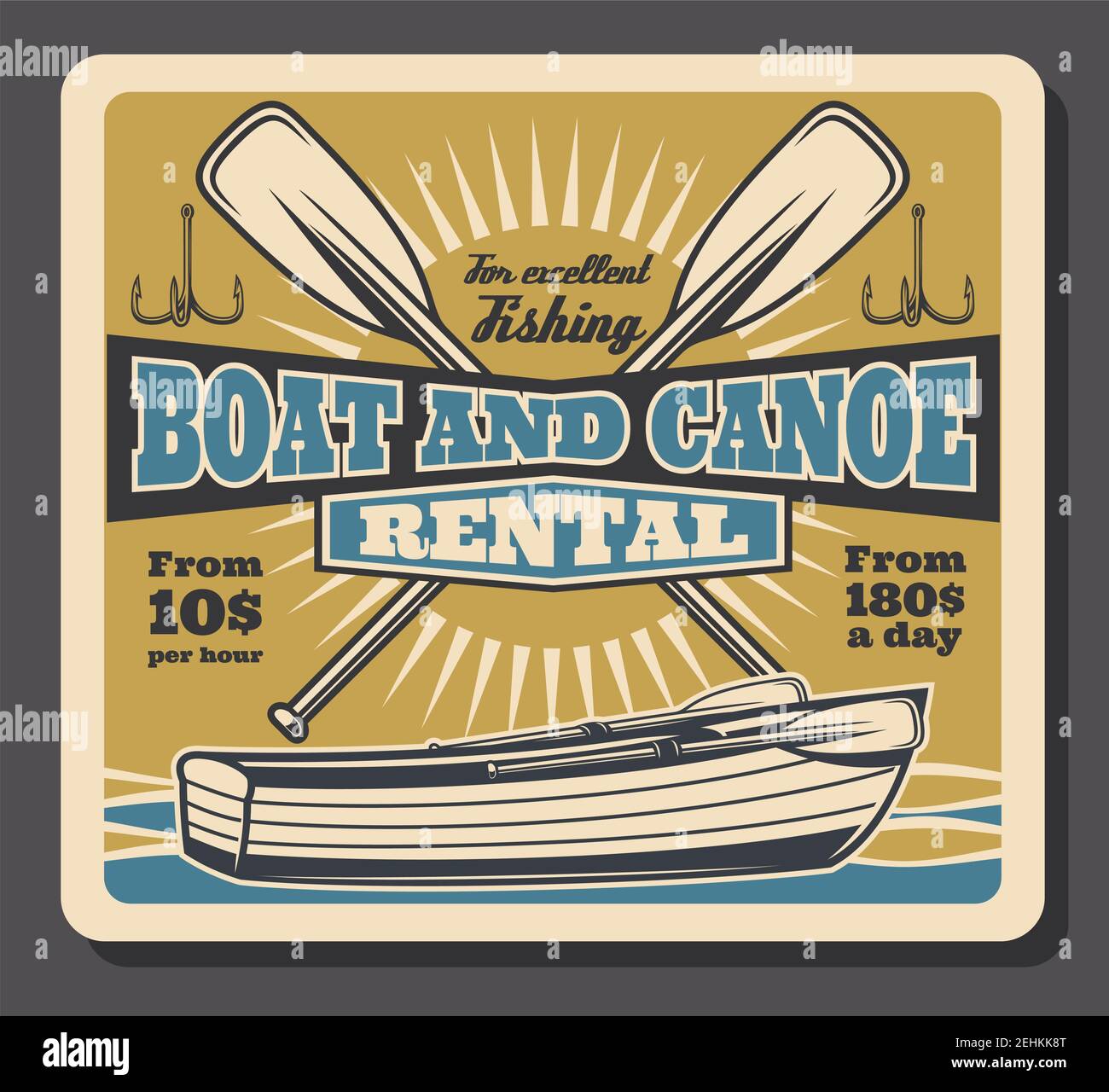 Fishing boat rental retro poster. Vector vintage design of fisher canoe ...