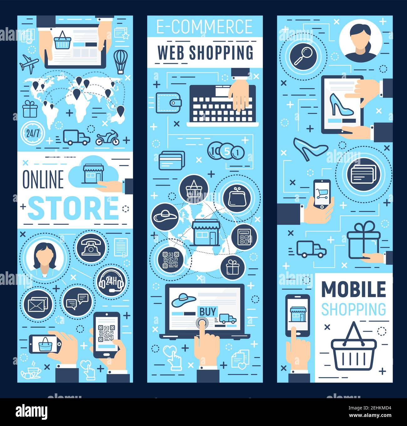 E-commerce and mobile shopping line art promo banners. Online store ...