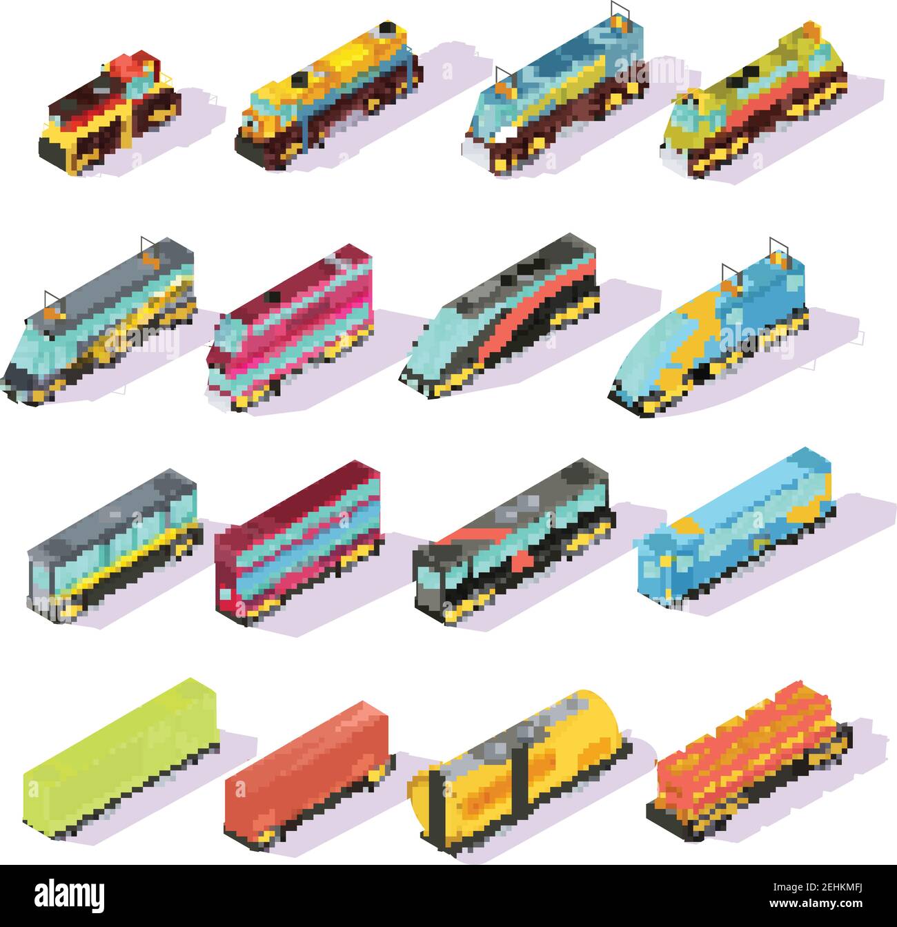 Trains isometric set of isolated colorful locomotive freight cars and ...