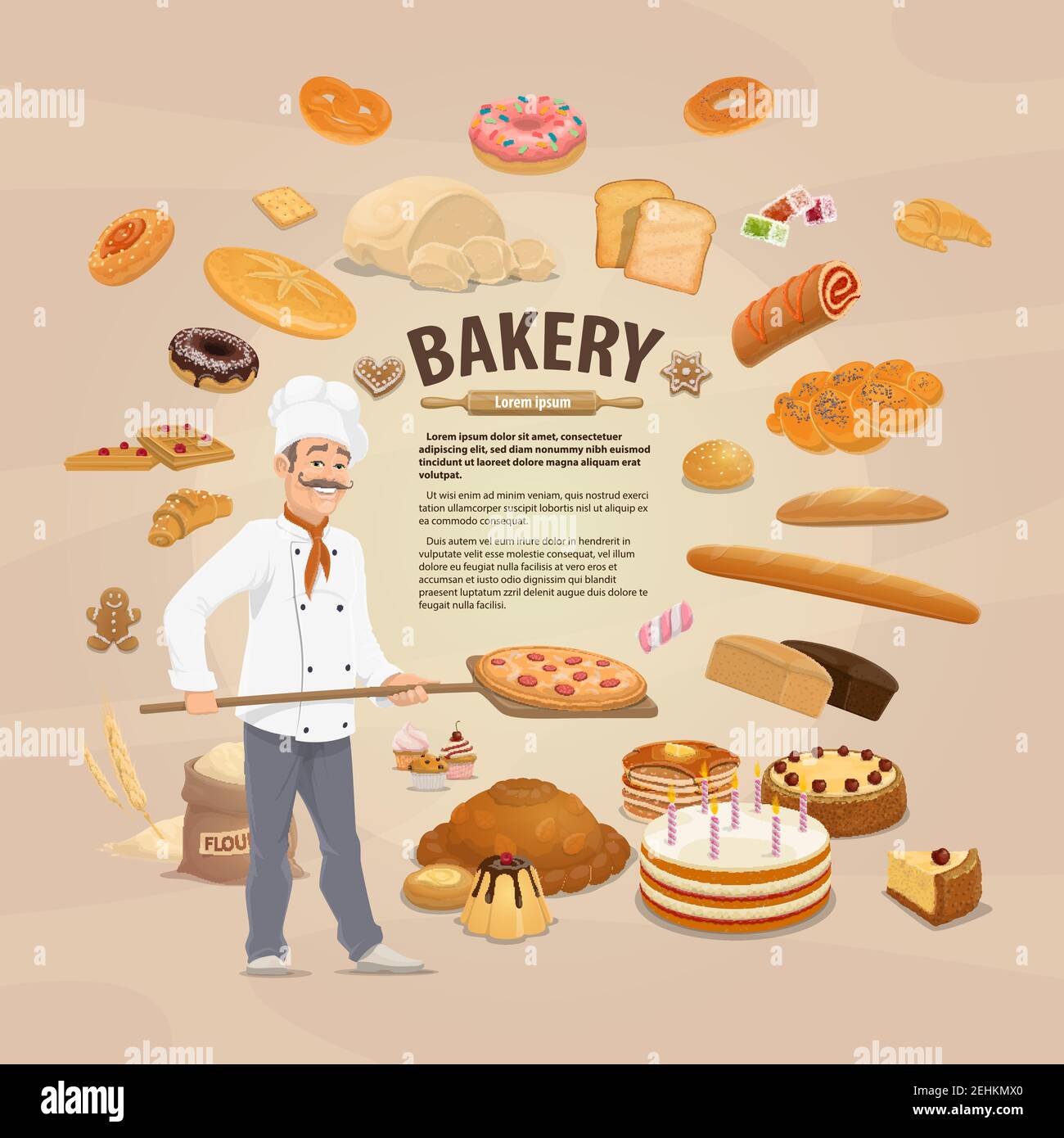 Vector bakery, bread and cakes around baker. Pastry products, delicious ...