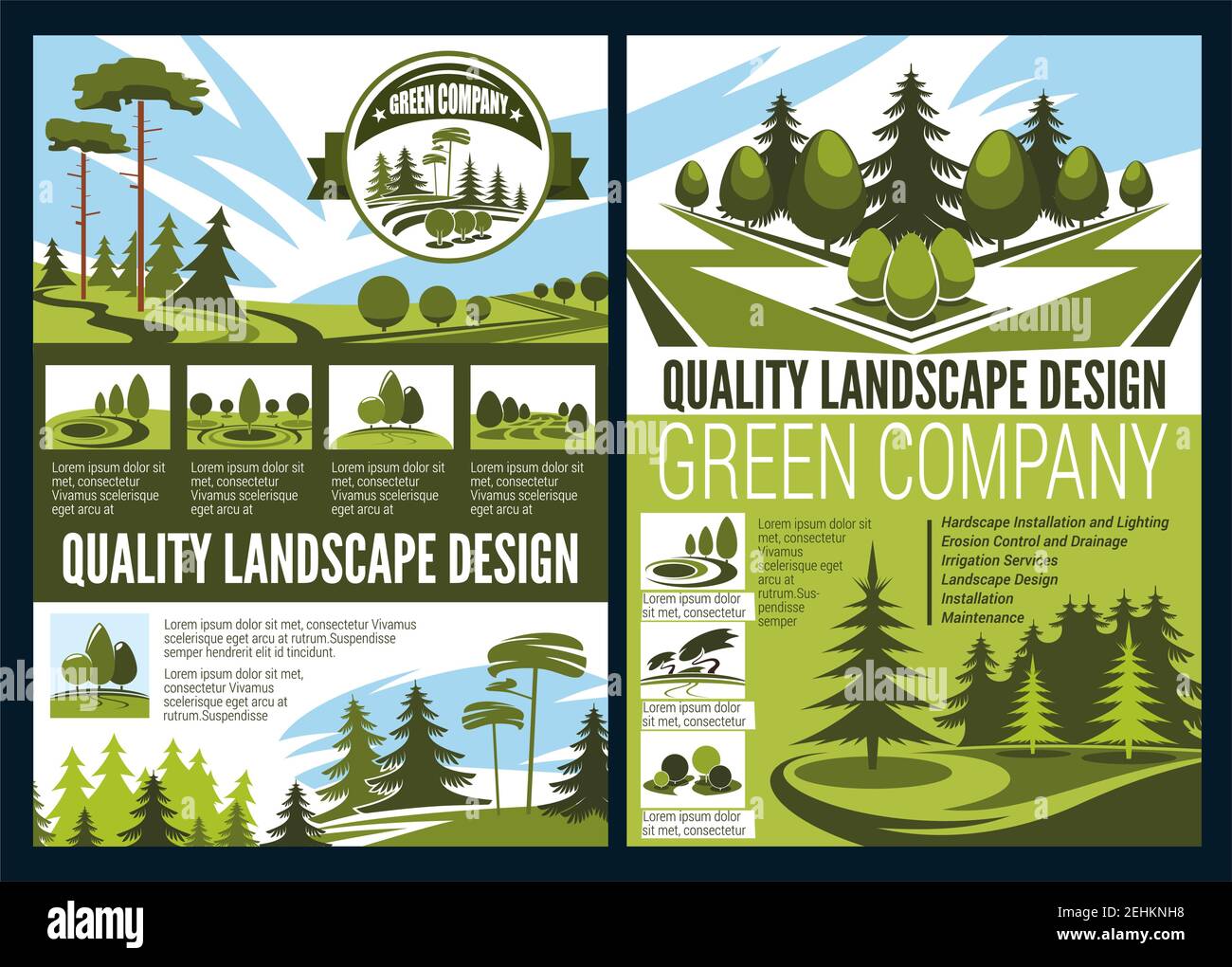 Landscape design, green area in natural environment. Vector green parks ...