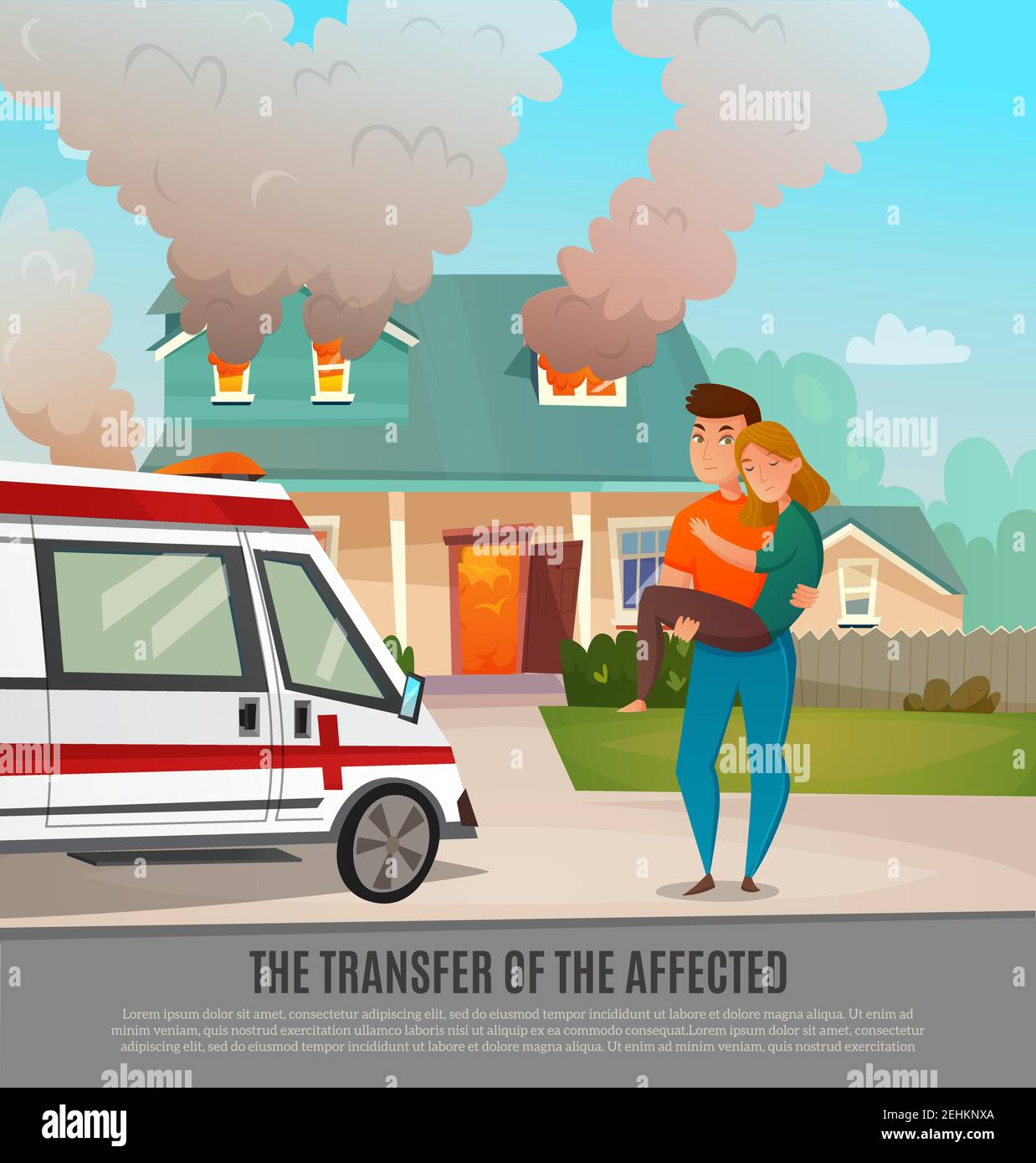 Colored emergency first aid people poster with the transfer of the ...