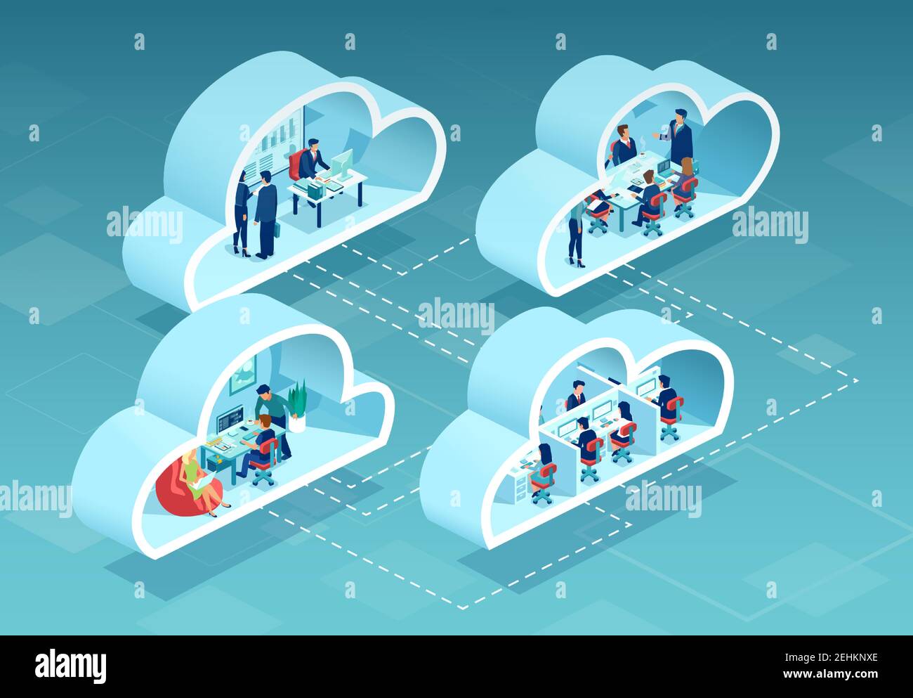 Vector of business people working in offices using cloud data storage ...