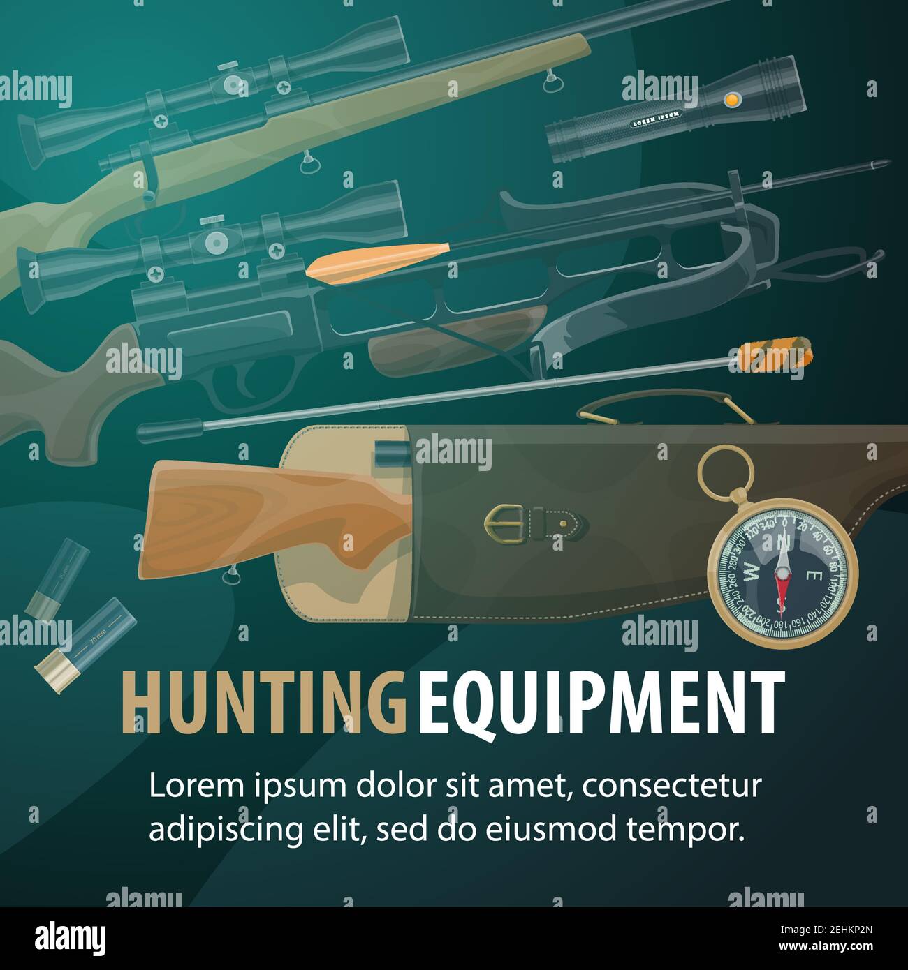 Hunting sport equipment, hunter ammunition and weapon. Rifle gun ...