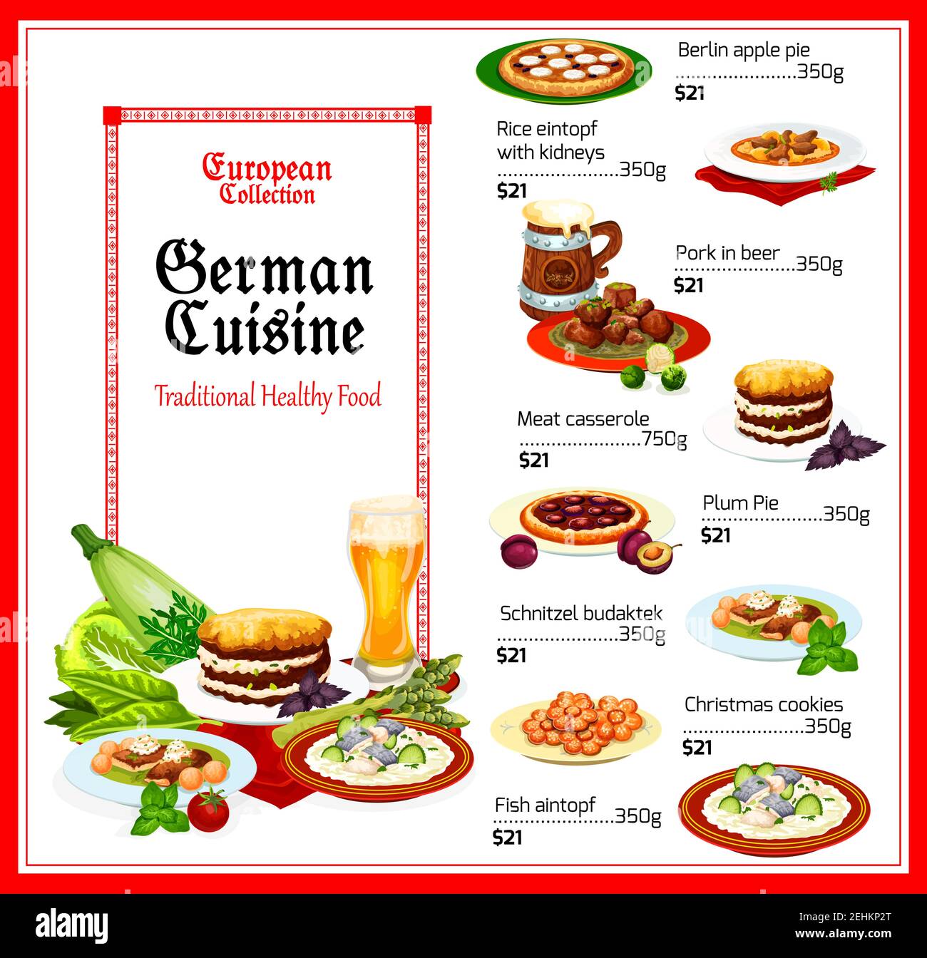 German cuisine menu, vector. Berlin apple and plum pies, rice with ...