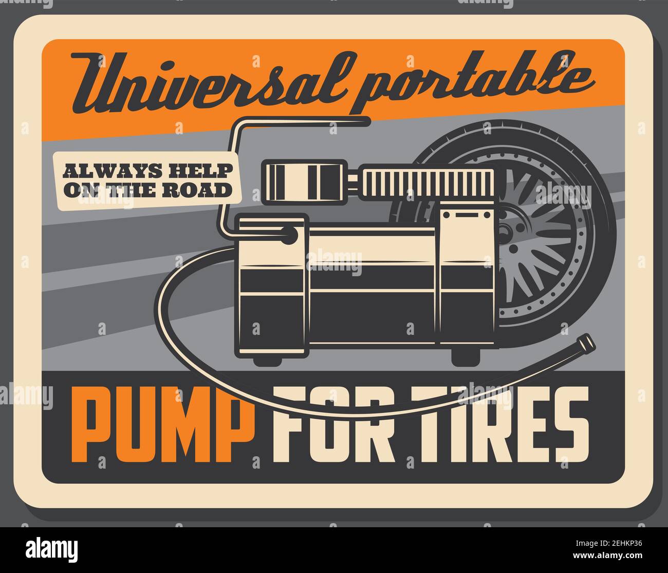 Car service vintage poster, tire inflator pump and portable air ...