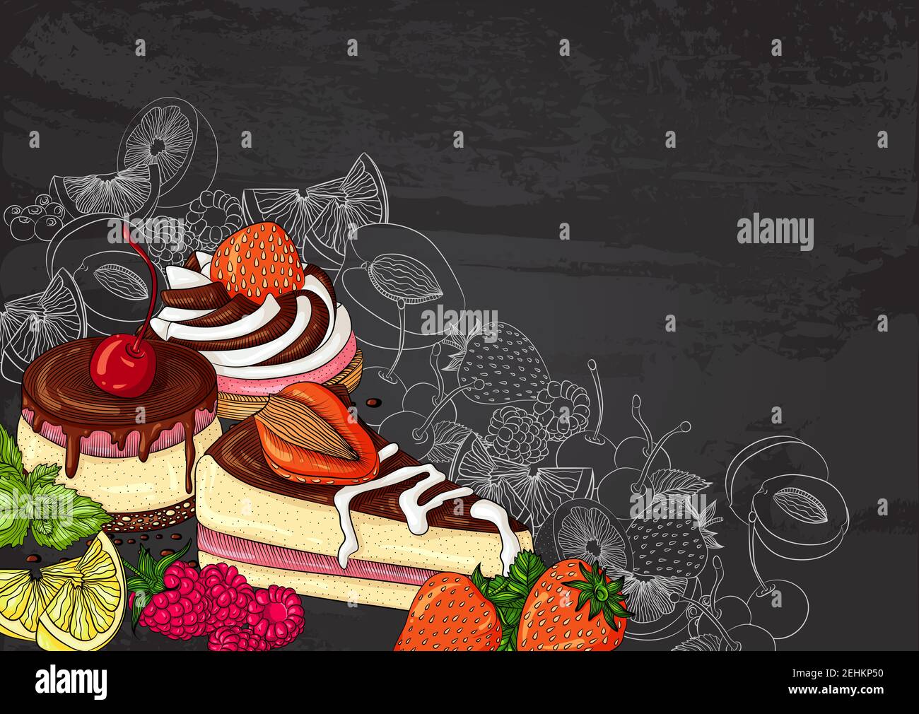 Still life with a sweet dessert and a piece of fruit cake on a chalk ...