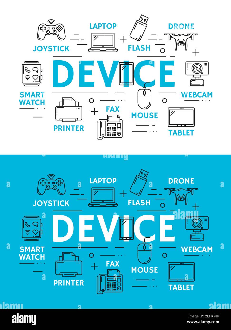 Electronic and digital devices banner, gadget thin line icons. Laptop ...